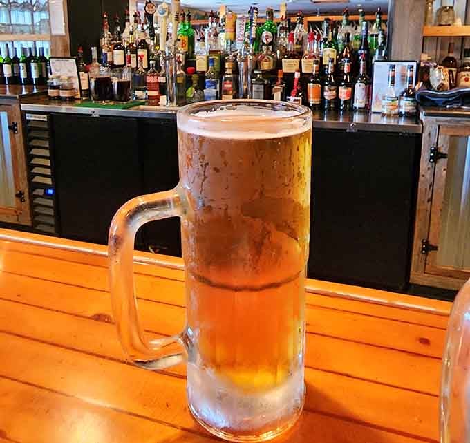 A frosty mug of beer at the bar. The perfect intermission between your ribs and your second round of ribs.