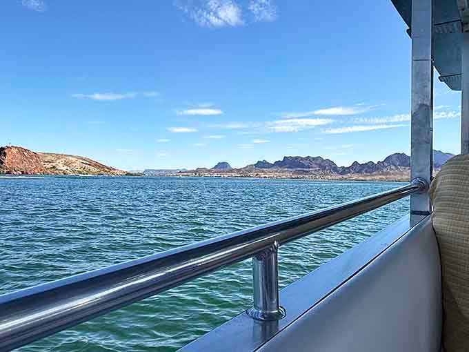 Polished rails, open water, and desert peaks stretching to the horizon. Not a bad seat.