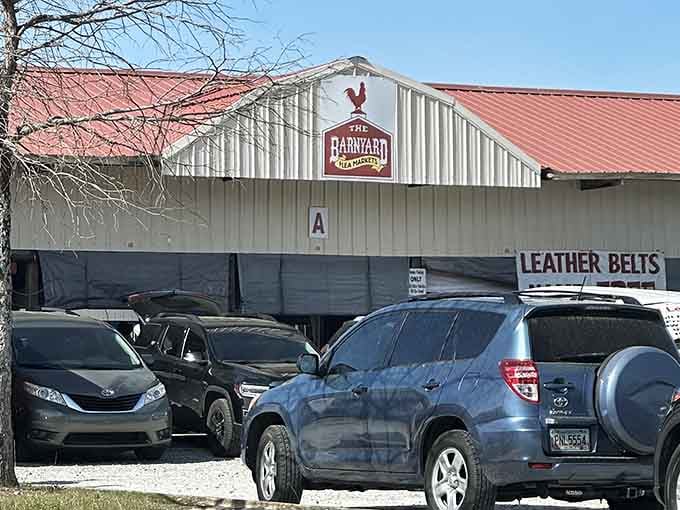 A packed parking lot under a red metal roof tells you everything you need to know before you even walk through the door.