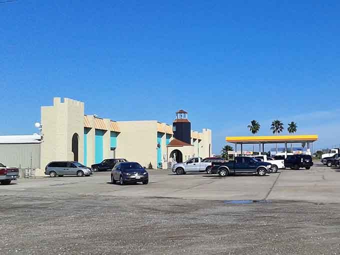 Teal walls, a lighthouse tower, and a Shell station next door. Only in Crystal Beach does this combination make perfect sense.