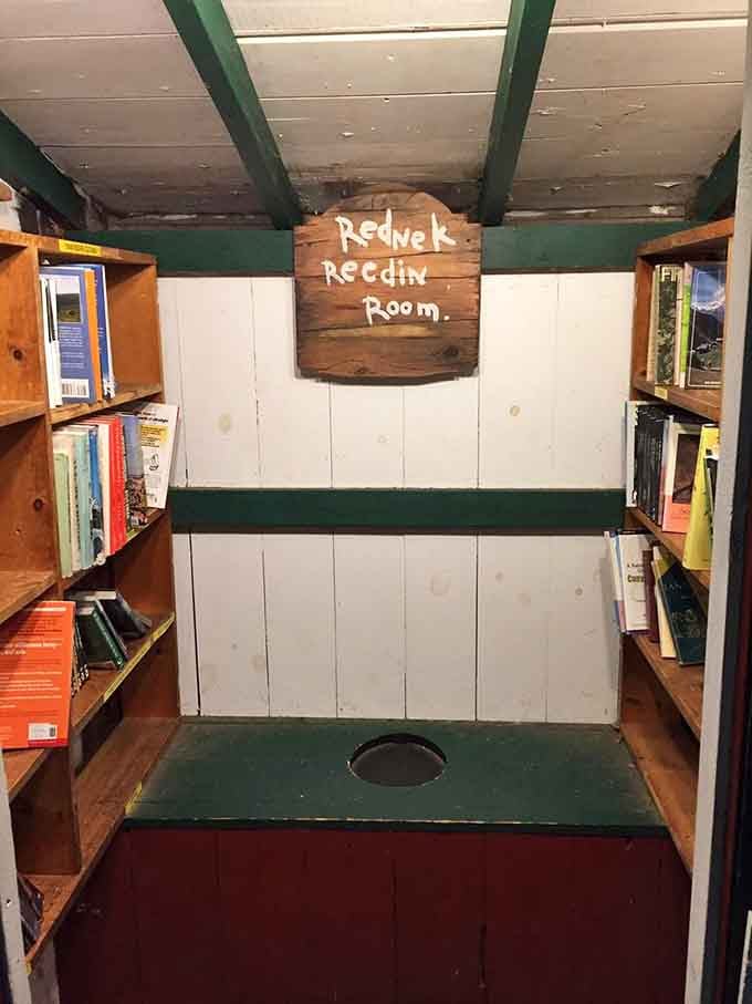 The Rednek Reedin Room sign proves the Book Barn has a sense of humor to match its inventory.