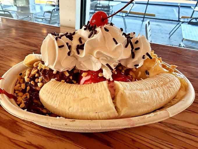 A classic banana split done the Crazy Mason way, generous, gorgeous, and completely unapologetic about it.
