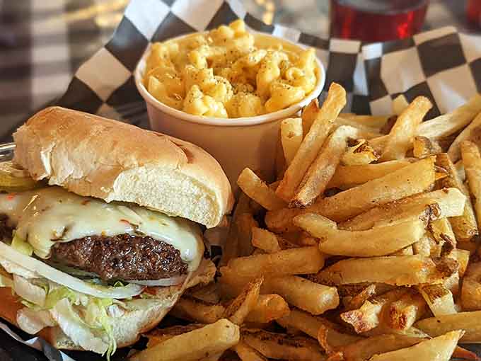 That burger and mountain of fries could make a vegetarian reconsider their life choices, just saying.