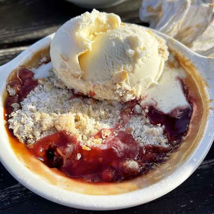 Warm cobbler topped with vanilla ice cream, the kind of dessert that makes you forget your own name temporarily.