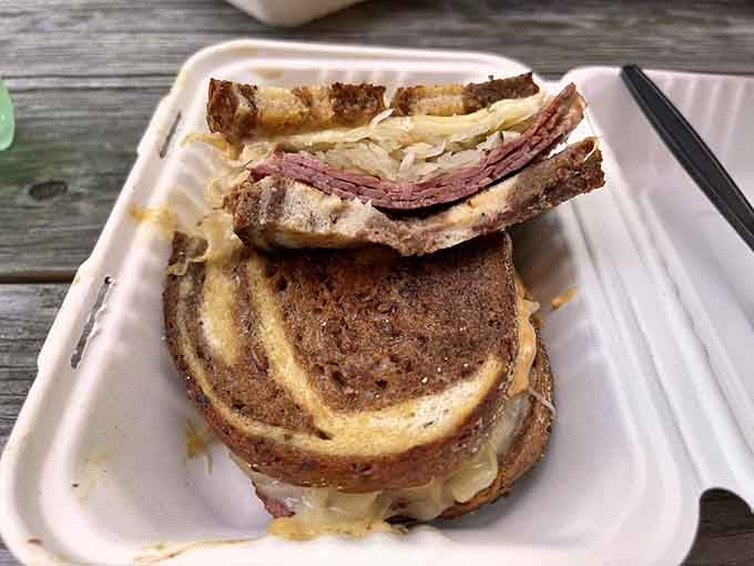Marbled rye never looked so good, especially when it's holding corned beef and that legendary Pickle Sauce together.