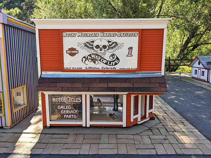 Even Harley-Davidson went miniature here, and honestly, a tiny biker bar in the Colorado foothills feels completely on brand.