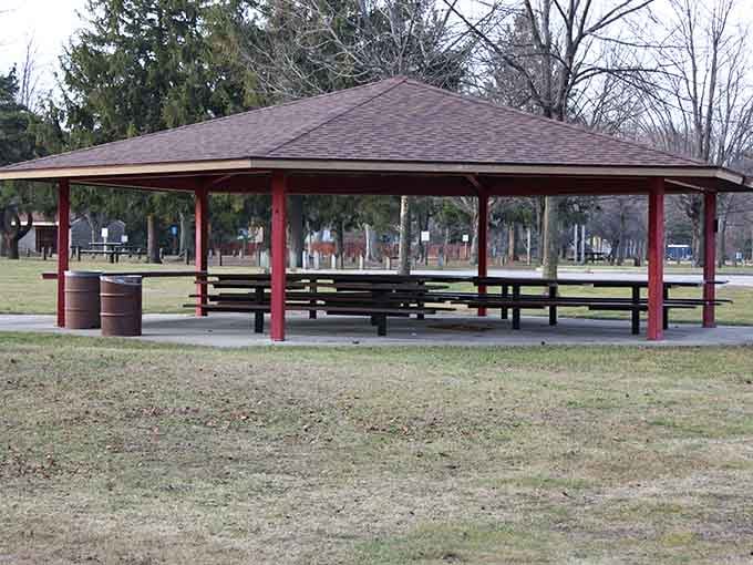 Covered picnic shelter providing shade for lunch breaks when the Michigan sun decides to show off.