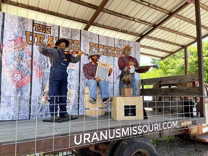The Uranus Pickers display brings old-time Ozark charm to life with fiddles, banjos, and pure personality.