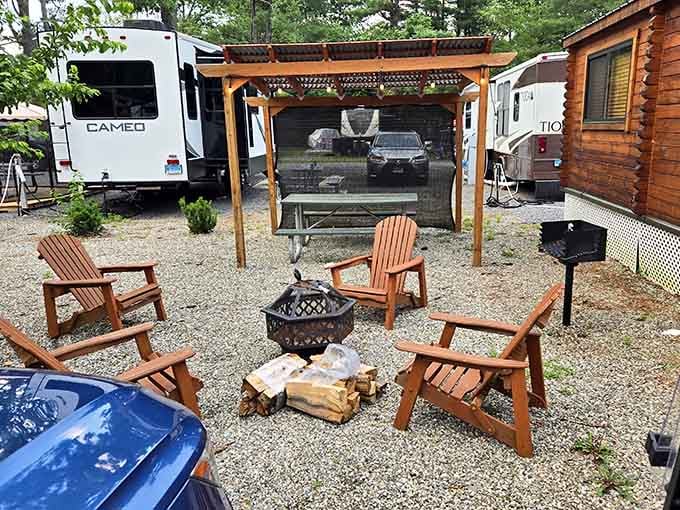 Adirondack chairs, a fire pit, and absolutely nowhere else you need to be. This is the whole plan.