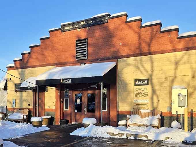 Slyce Coal-Fired Pizza Company looks like it means serious business, even buried under a fresh coat of Illinois winter.