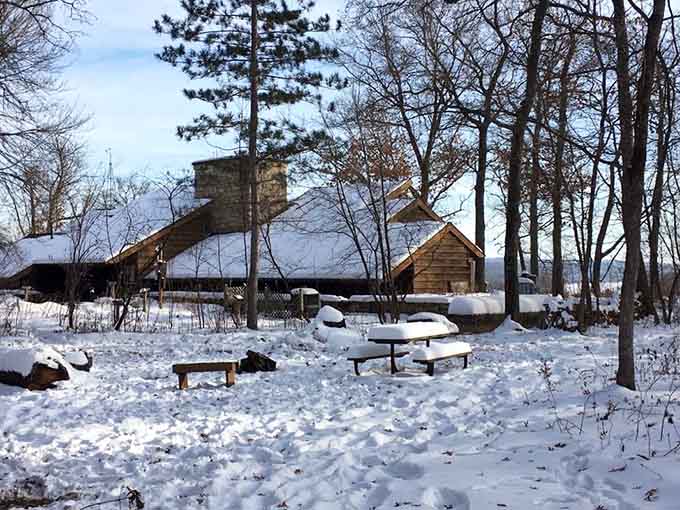 Snow-draped benches and a frost-covered roofline &mdash; Wild River in winter is quietly, stubbornly beautiful.