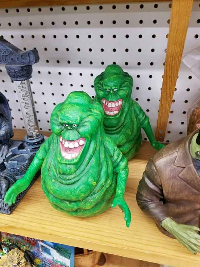 Two grinning Slimer figures from Ghostbusters, looking thrilled to be here and honestly, same energy entirely.