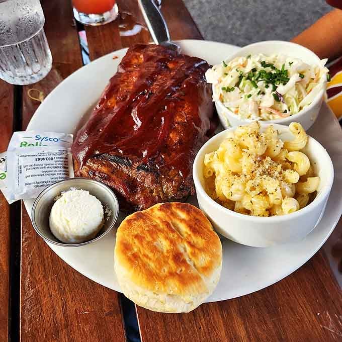 Half rack of ribs, mac and cheese, coleslaw, and a buttermilk biscuit. Windsor's BBQ plate is gloriously excessive.