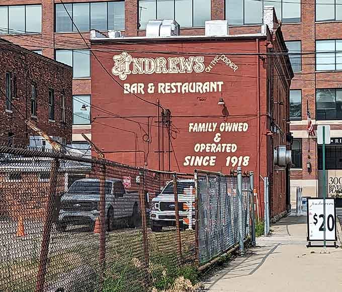 Painted boldly on deep red brick, Andrews on the Corner wears its family legacy like a badge of pure honor.