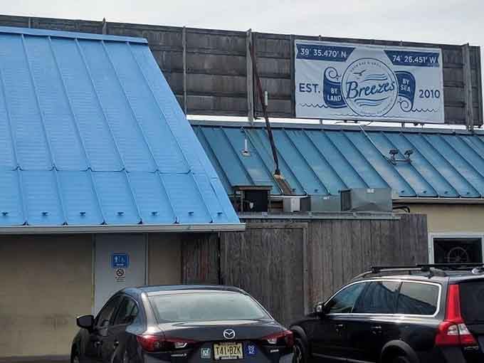 GPS coordinates on the rooftop sign. Breeze's Dock Bar knows exactly where it is, and so should you.