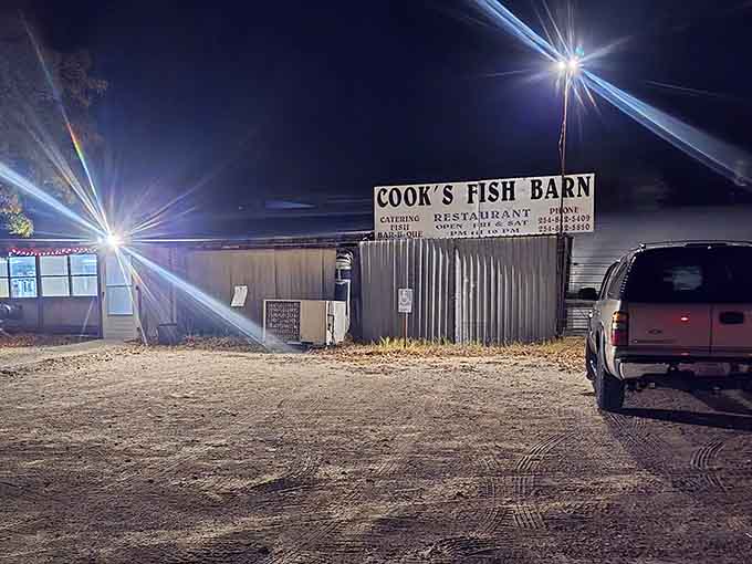 Those bright lights cutting through the dark Texas night make Cook's Fish Barn look like the most exciting Friday destination in Comanche County.