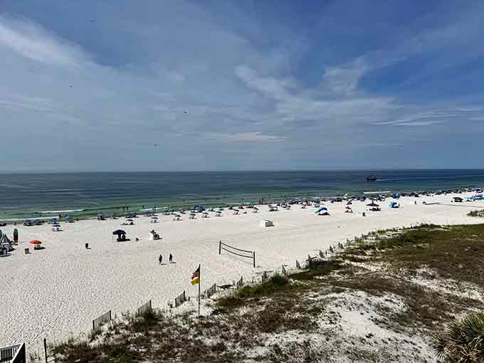 From this elevated view, the volleyball net and scattered beachgoers look like toys in nature's magnificent sandbox below.