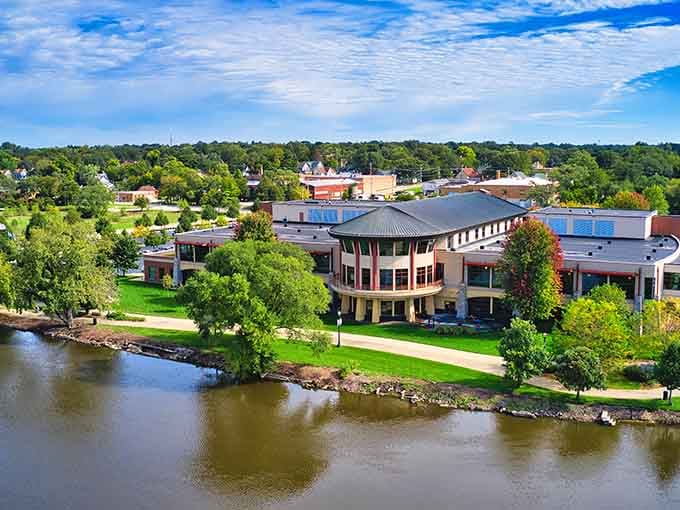 That distinctive pagoda-style roofline rising above the Fox River makes Yorkville's riverfront look like it was designed by someone with genuinely great taste.