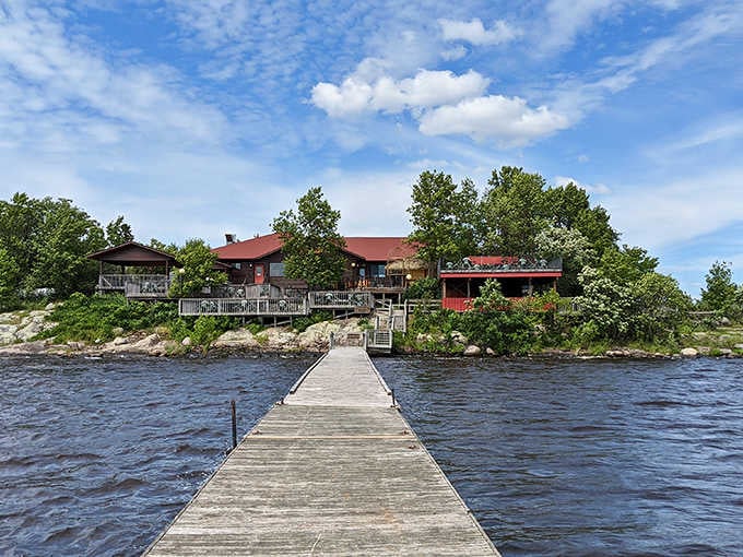 A long wooden dock leads straight to Island View's welcoming lodge, sitting like a crown jewel on the water's edge.