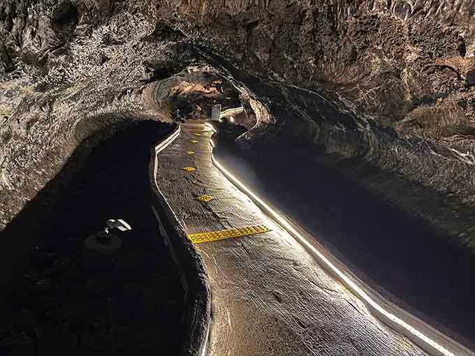 Ancient lava carved this illuminated pathway through solid rock, creating Earth's most spectacular underground hallway.