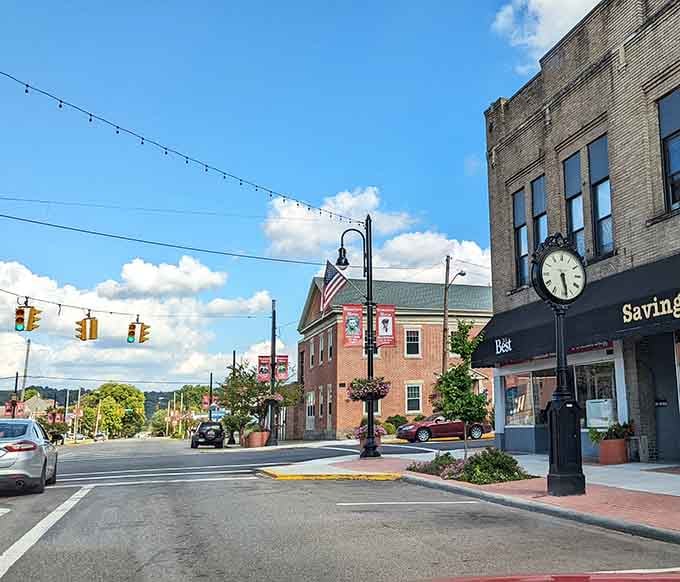 String lights, a stately clock tower, and red banners make Logan's downtown feel like a permanent celebration of itself.
