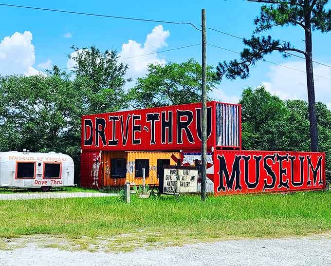 Bold red letters announce this wonderfully weird roadside attraction where art meets curiosity in the most delightful way.