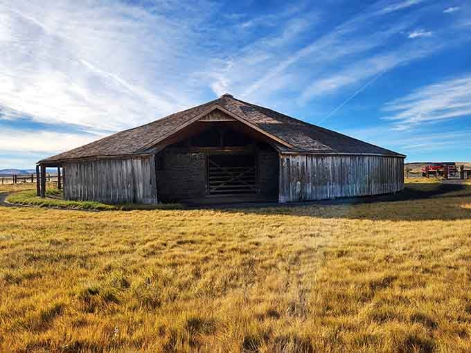 Rising from a sea of golden grass under a wide Oregon sky, this round barn is history you can actually touch.