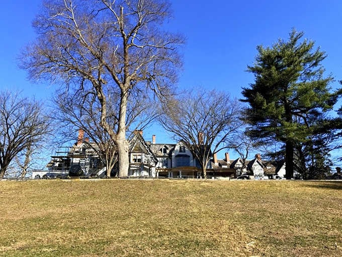 Ringwood Manor's sprawling Victorian silhouette rises behind bare winter trees, looking like a novel you'd absolutely stay up late reading.