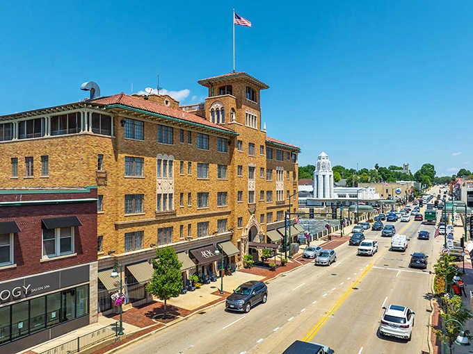 The Baker Hotel anchors St. Charles' main street with the kind of golden grandeur that makes your jaw drop.