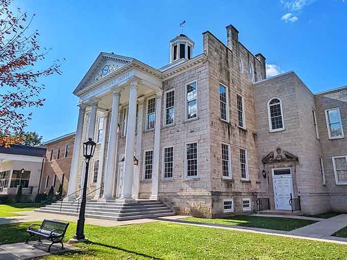 Wellsboro's limestone courthouse stands tall and proud, its white columns gleaming like a postcard from another era.