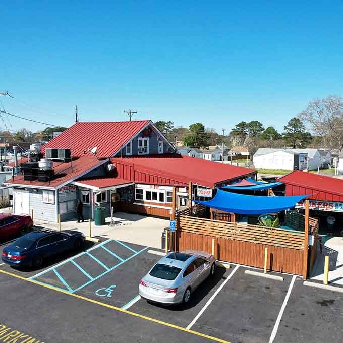 From above, Wicker's red roof and blue shade sails look like a seafood festival that never actually ends.