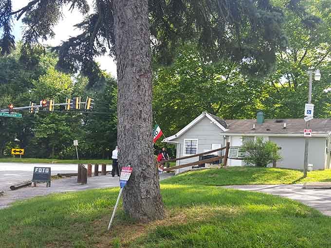 Quiet residential streets catch the day's last light in this peaceful neighborhood setting.