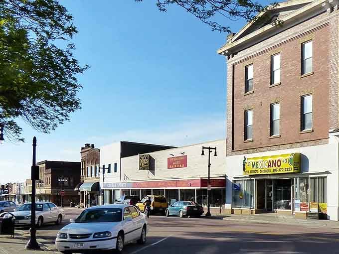 Worthington's main street mixes everyday practicality with genuine charm, where El Mexicano's bright yellow sign signals that dinnertime here is anything but boring.
