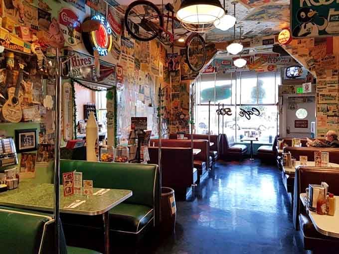 Every inch of Cafe 50's walls and ceiling is plastered with vintage signs and memorabilia &mdash; it's like eating inside a very delicious time capsule.