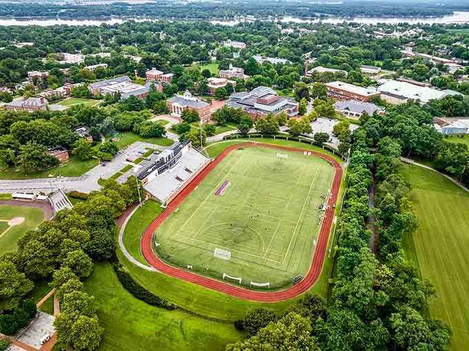 Washington College's lush athletic fields and riverside campus spread out like a green quilt from above, reminding you that Chestertown is seriously lovely from every angle.