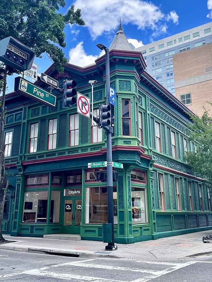 Seen in full daylight, CityArts' ornate corner tower and carved trim remind you that great bones never go out of style.