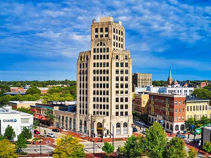 Elgin's Art Deco tower punches straight into a blue autumn sky, reminding everyone that small cities can dream spectacularly big.