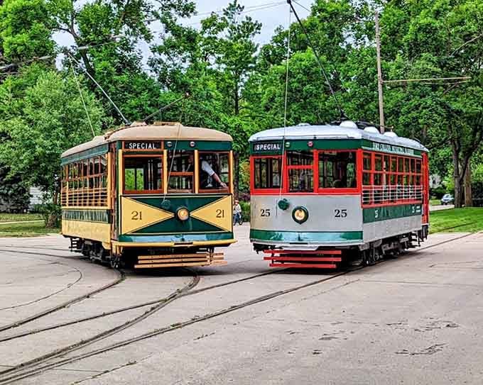 Two vintage Fort Collins streetcars parked side by side, both marked "Special," because honestly, they really are.