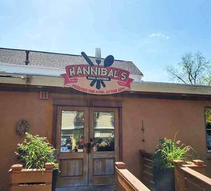 Flowering planters flanking the entrance give Hannibal's Soul Kitchen a warmth that tells you comfort food and good vibes await inside.