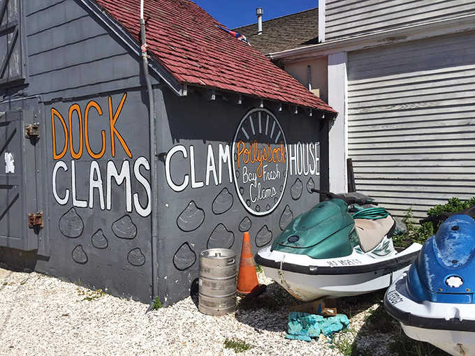 Jet skis, a keg, and bold orange lettering on a dark wall make this the most authentically Shore-side clam shack imaginable.