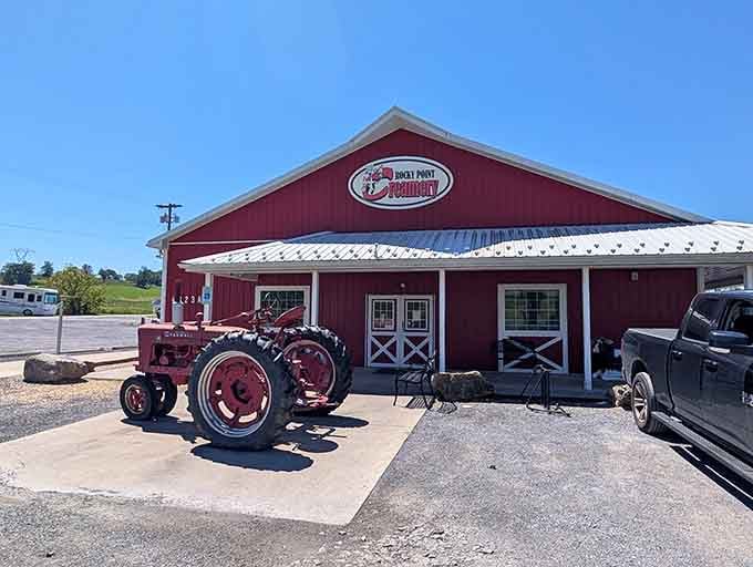 That vintage red tractor parked proudly outside Rocky Point Creamery is the most charming greeter any ice cream shop has ever had.
