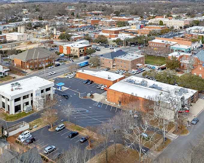 Shelby's downtown aerial shows a town that has clearly been investing in itself, with new buildings standing proudly beside the old ones.