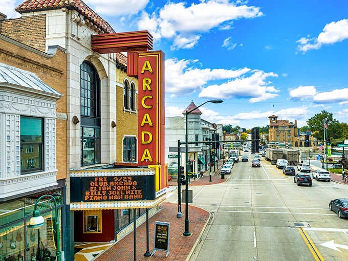 The Arcada Theatre's blazing red marquee lights up St. Charles like Broadway decided to take a very pleasant detour.