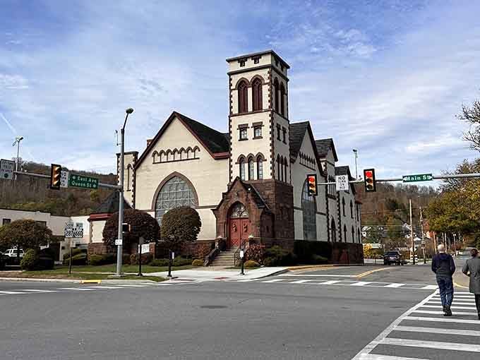 A Gothic tower and arched windows make this Wellsboro church corner one of the most striking in Pennsylvania.