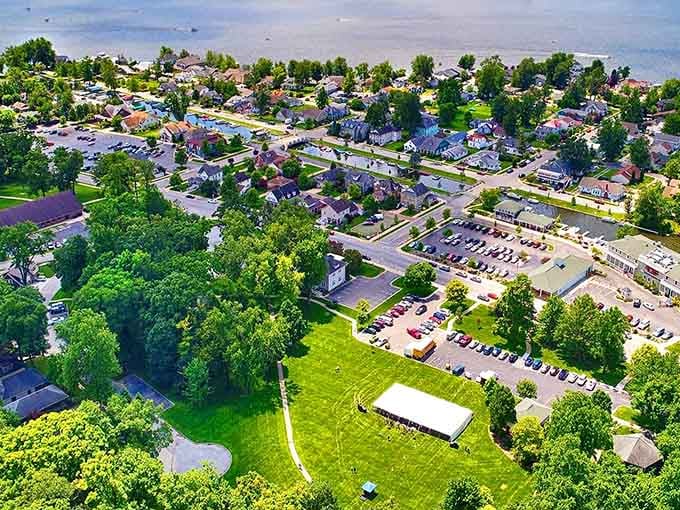 From this bird's-eye view, the town spreads out like a patchwork quilt stitched together with tree-lined streets and sparkling water.