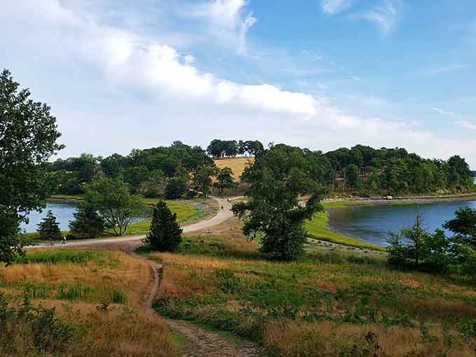 Rolling hills meet calm waters in this peninsula paradise where land and sea embrace like old friends reuniting.