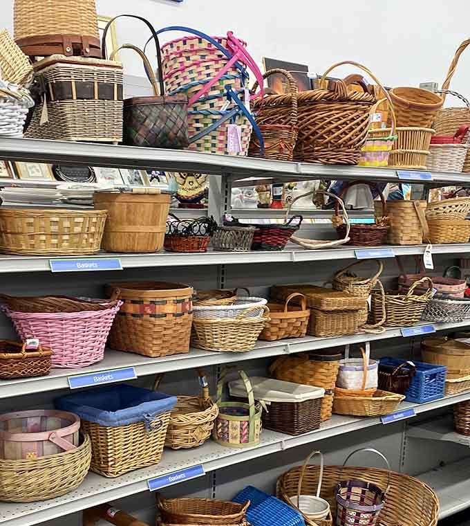Baskets of every shape and size, stacked high and waiting to carry home whatever wonderful thing you find next.