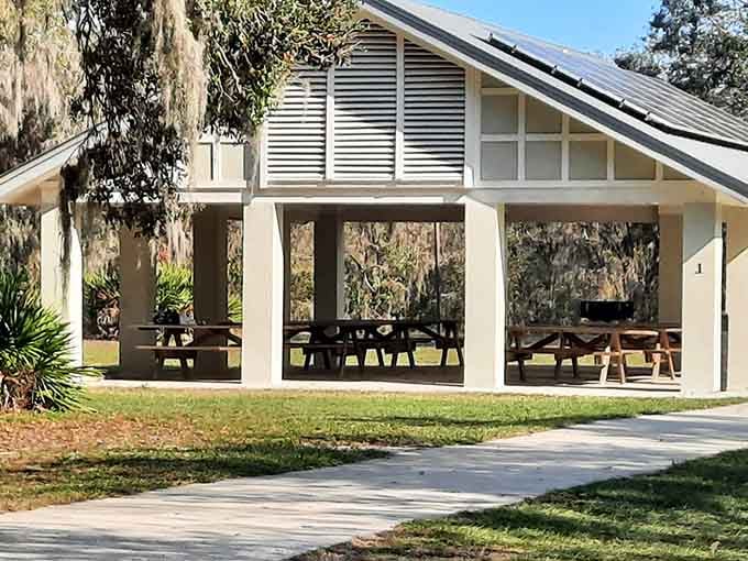 The covered pavilion offers shade and picnic tables, because even outdoor adventurers need a lunch break sometimes.