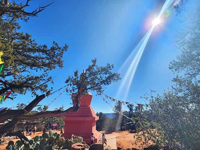 Sunshine illuminates the stupa in all its glory, proving that some things photograph even better than expected.