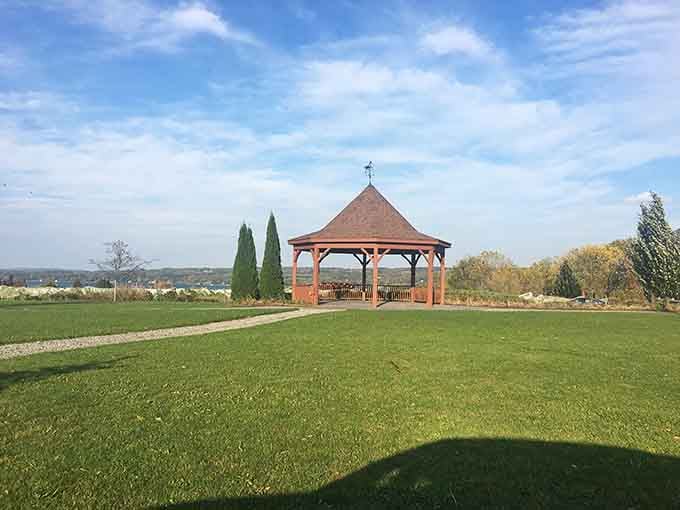 A gazebo with lake views where marriage proposals and life decisions both seem equally reasonable to make.